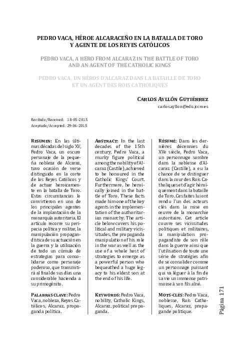 (PDF) Pedro Vaca, héroe alcacereño en la Batalla de Toro y agente de ...