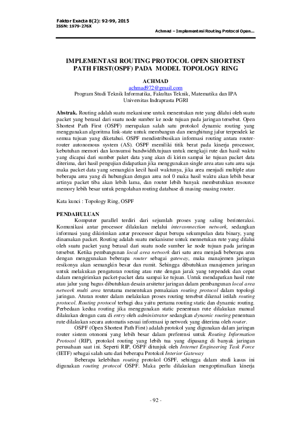 Pdf Implementasi Routing Protocol Open Shortest Path Firstospf Pada Model Topology Ring