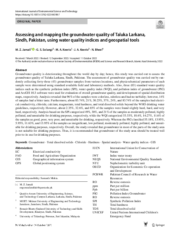(PDF) Assessing and mapping the groundwater quality of Taluka Larkana, Sindh, Pakistan, using ...