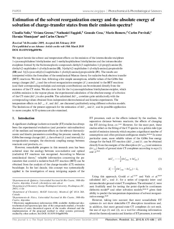 (PDF) Estimation of the solvent reorganization energy and the absolute ...