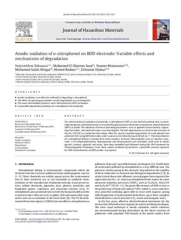 (PDF) Anodic oxidation of o-nitrophenol on BDD electrode: Variable ...