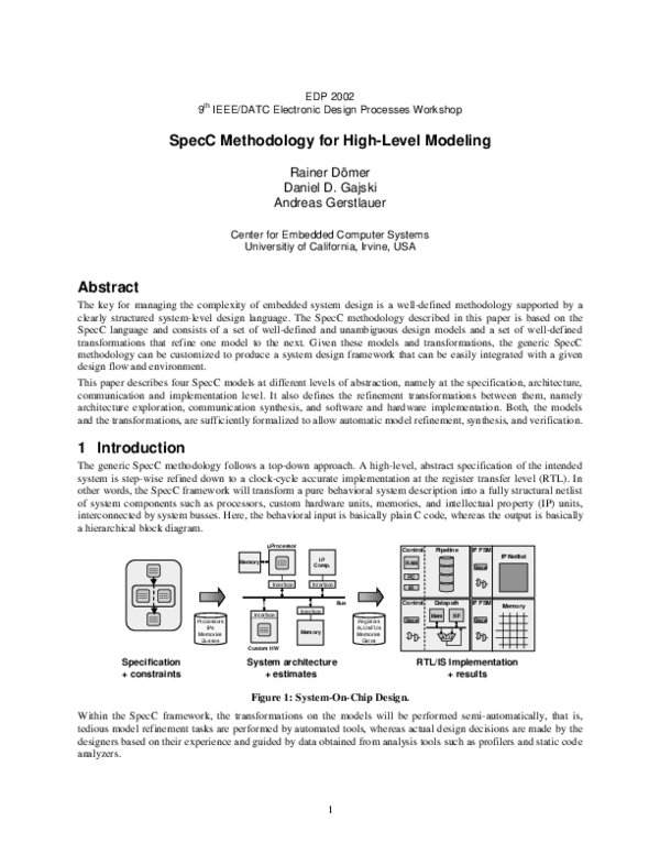 (PDF) SpecC Methodology for High-Level Modeling