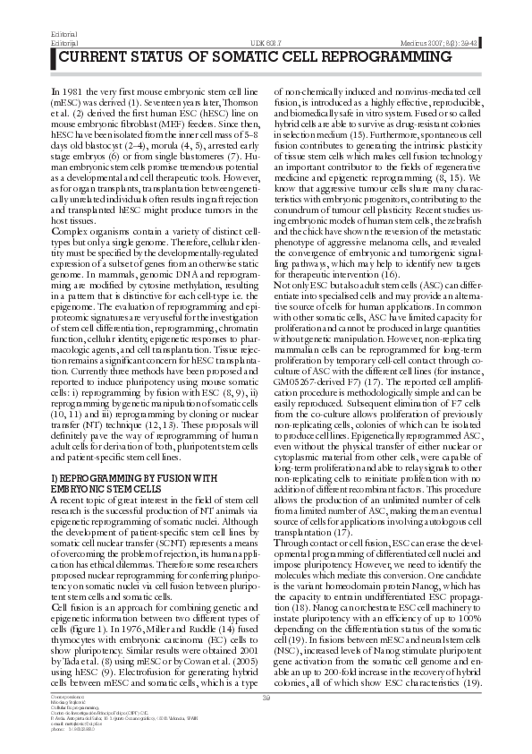 (PDF) Current status of somatic cell reprogramming