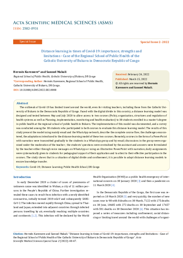 (PDF) Distance Learning in Times of Covid-19: Construction and ...