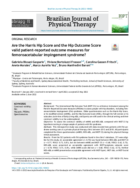 (PDF) Are the Harris Hip Score and the Hip Outcome Score valid patient ...