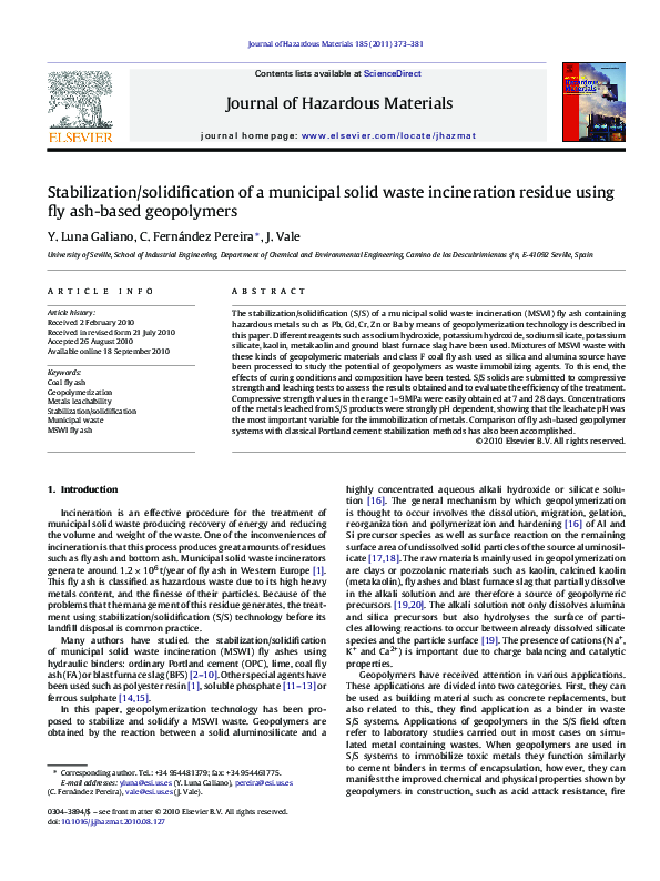 (PDF) Stabilization/solidification of a municipal solid waste ...