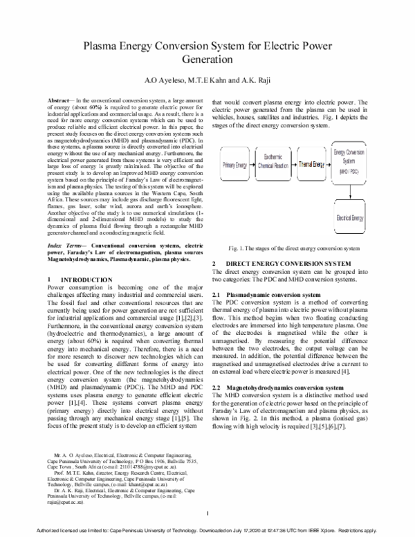 (PDF) Plasma energy conversion system for electric power generation