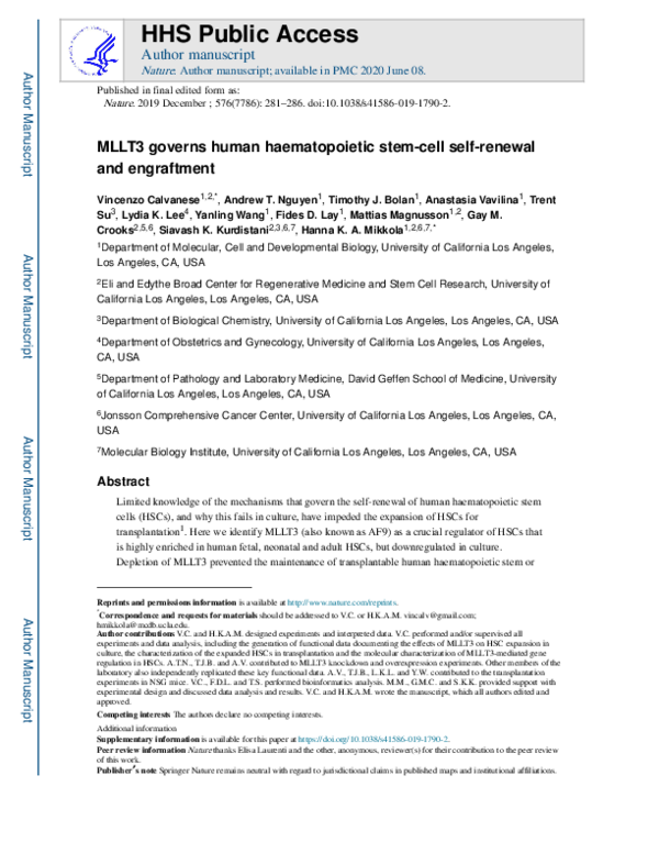 (PDF) MLLT3 governs human haematopoietic stem-cell self-renewal and ...