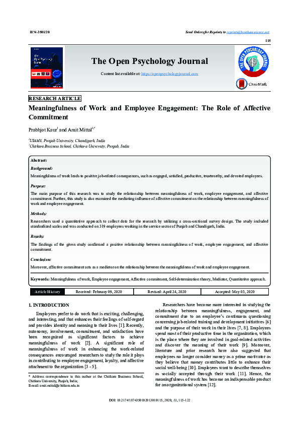 (PDF) Meaningfulness of Work and Employee Engagement: The Role of ...