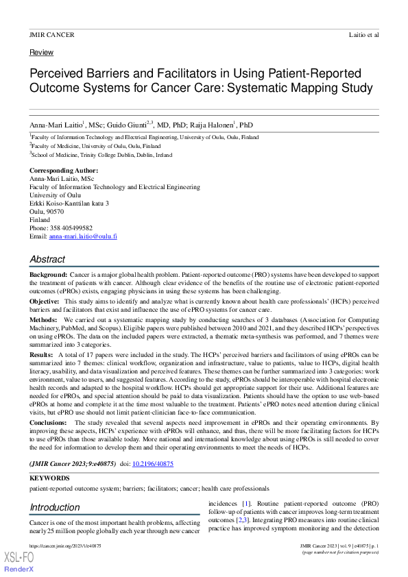 (PDF) Perceived Barriers and Facilitators in Using Patient-Reported Outcome Systems for Cancer ...