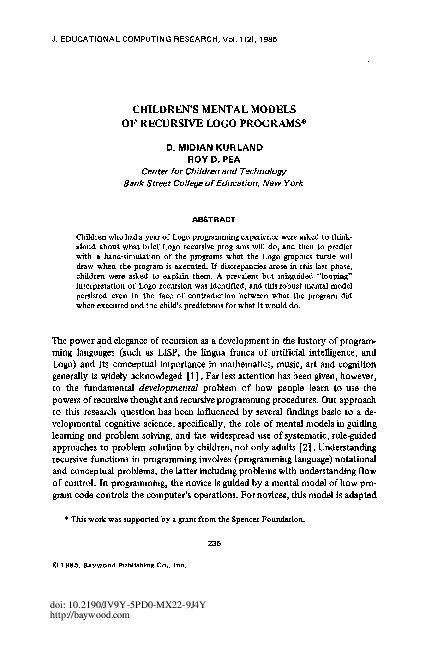 (PDF) Children's Mental Models of Recursive Logo Programs