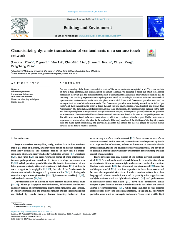 (PDF) Characterizing dynamic transmission of contaminants on a surface ...