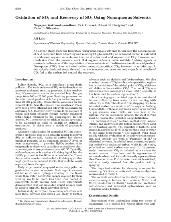 (PDF) Oxidation of SO2 and Recovery of SO3 Using Nonaqueous Solvents