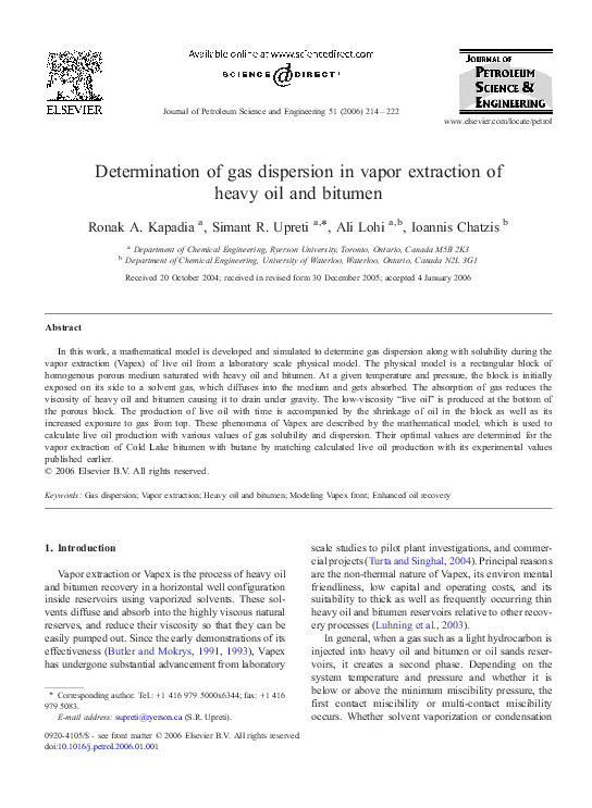 (PDF) Determination of gas dispersion in vapor extraction of heavy oil and bitumen