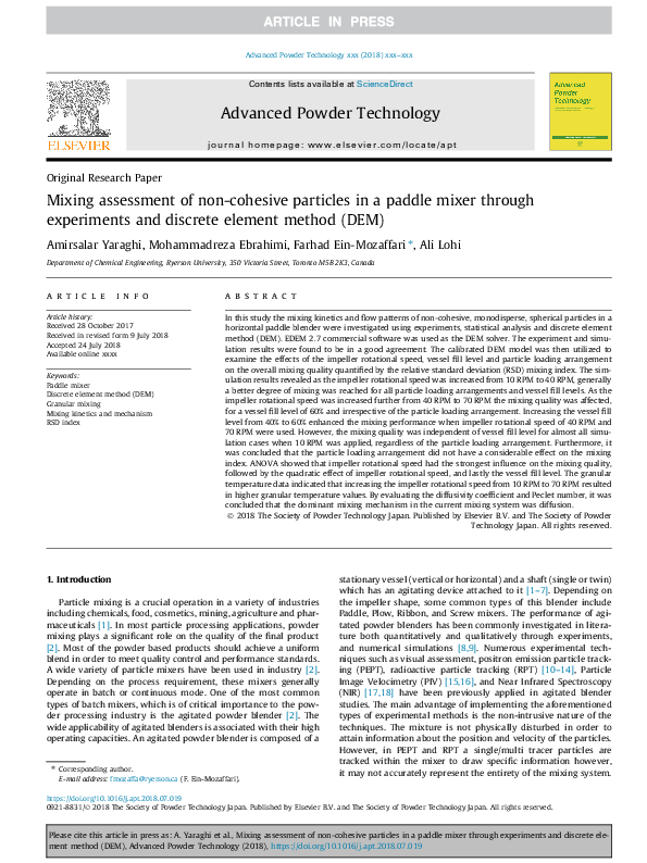 (PDF) Mixing assessment of non-cohesive particles in a paddle mixer through experiments and ...