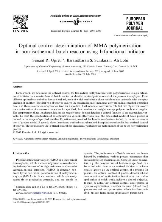 Pdf Optimal Control Of Mma Polymerization In Non Isothermal Reactors