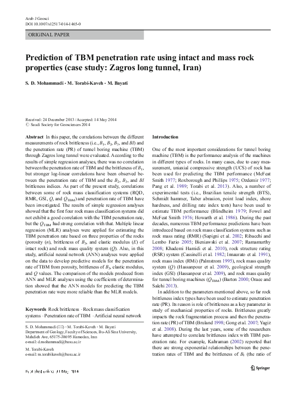 (PDF) Prediction of TBM penetration rate using intact and mass rock ...