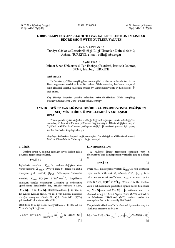 (PDF) Gibbs Sampling Approach to Variable Selection in Linear Regression with Outlier Values
