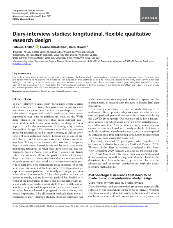(PDF) Diary-interview studies: longitudinal, flexible qualitative research design