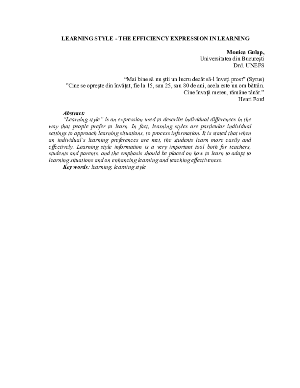 (PDF) Learning Style-The Efficiency Expression in Learning