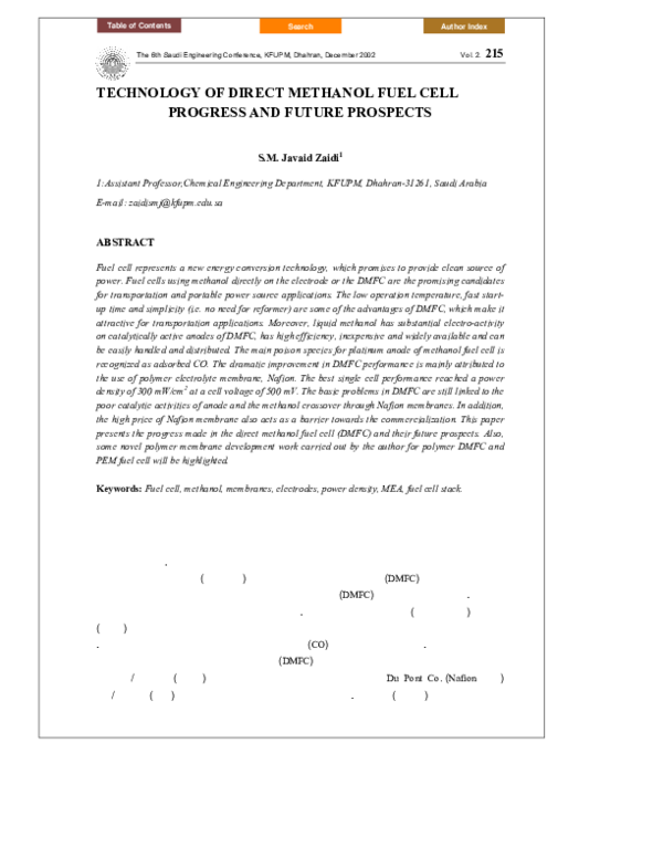 (PDF) Technology of Direct Methanol Fuel Cell: Progress and Future ...