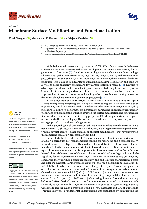 Pdf Membrane Surface Modification And Functionalization