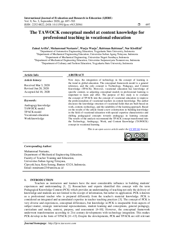 (PDF) The TAWOCK conceptual model at content knowledge for professional teaching in vocational ...