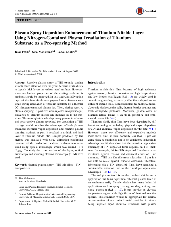 (PDF) Plasma Spray Deposition Enhancement of Titanium Nitride Layer ...