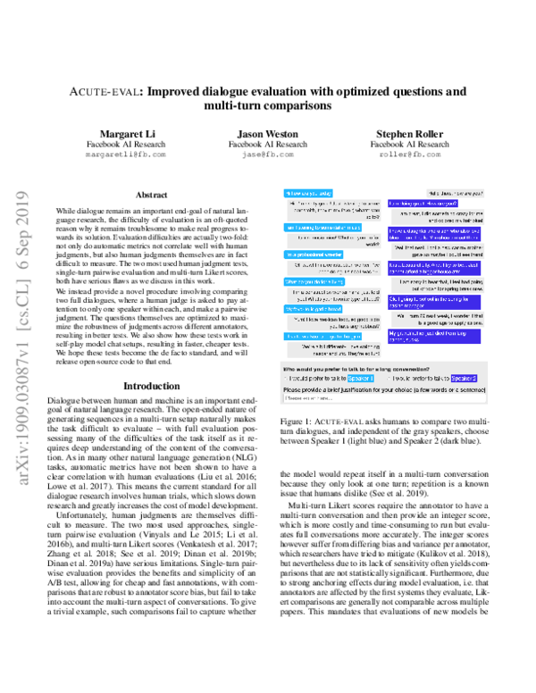 (PDF) ACUTE-EVAL: Improved Dialogue Evaluation with Optimized Questions and Multi-turn Comparisons