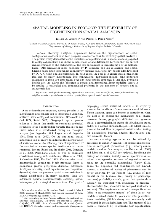 (PDF) Spatial Modeling in Ecology: The Flexibility of Eigenfunction Spatial Analyses