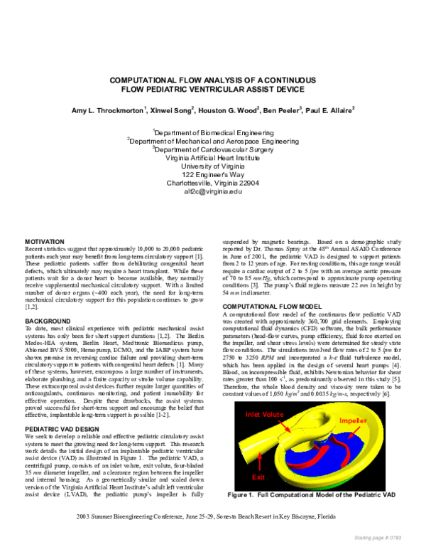 (PDF) Computational Flow Analysis of a Continuous Flow Pediatric Ventricular Assist Device