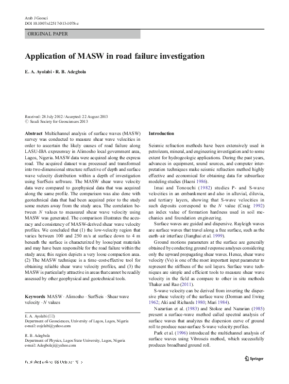(PDF) Application of MASW in road failure investigation