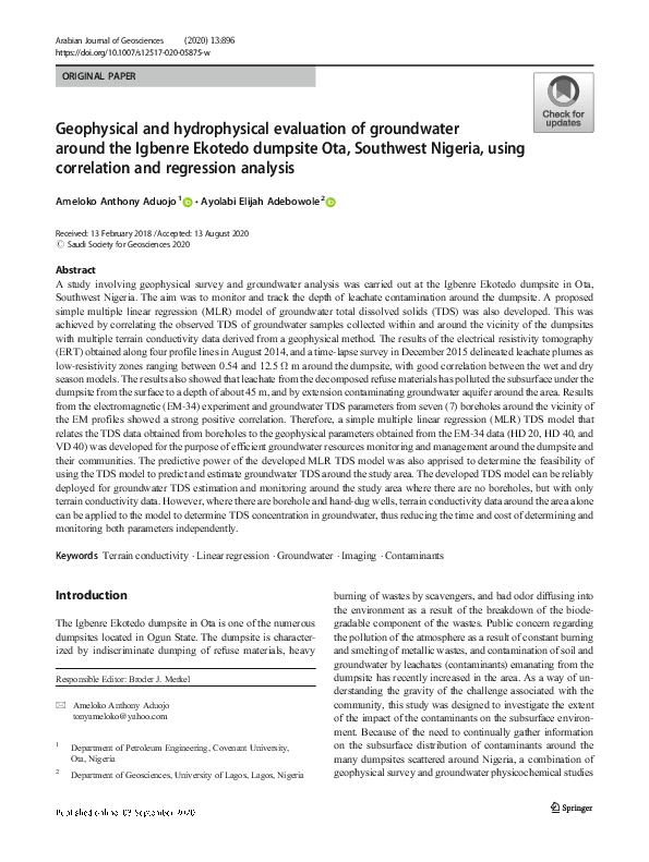 (PDF) Geophysical and hydrophysical evaluation of groundwater around the Igbenre Ekotedo ...