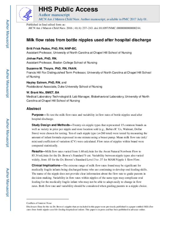(PDF) Milk Flow Rates from bottle nipples used after hospital discharge