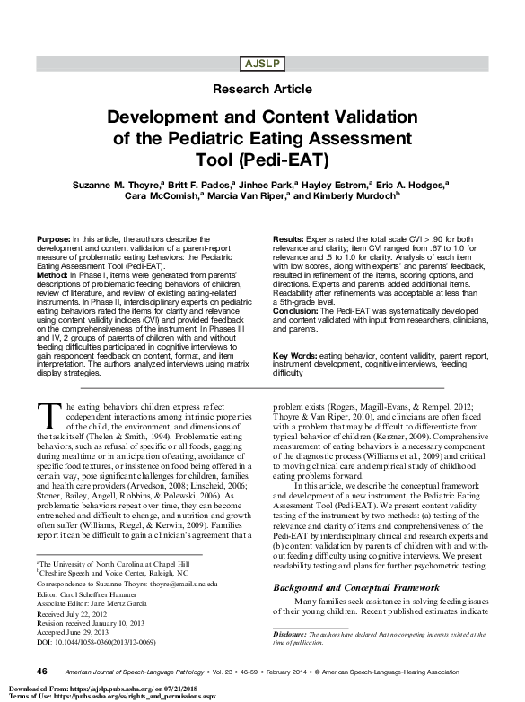 (PDF) Development and Content Validation of the Pediatric Eating ...