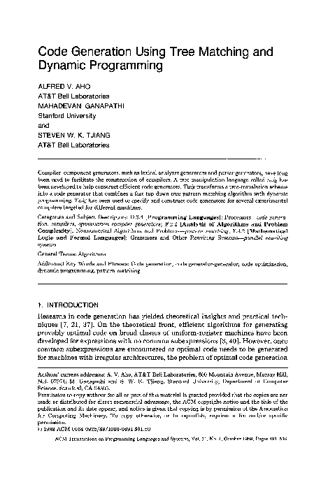 (PDF) Code generation using tree matching and dynamic programming