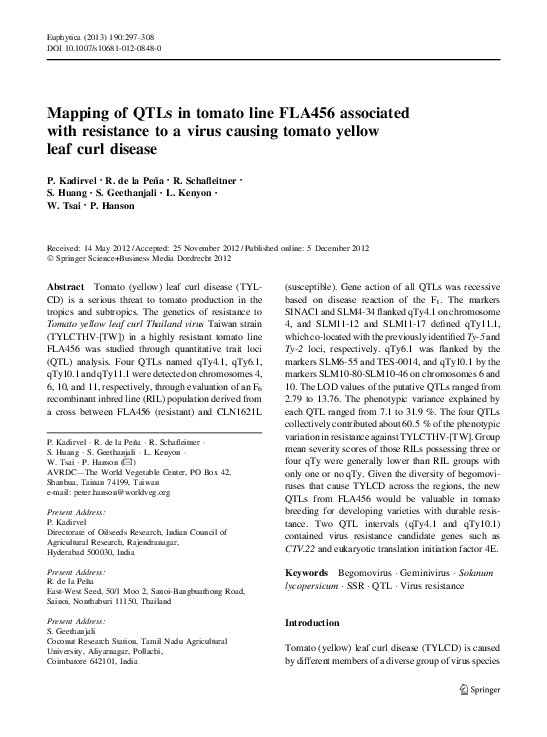 (PDF) Mapping of QTLs in tomato line FLA456 associated with resistance ...