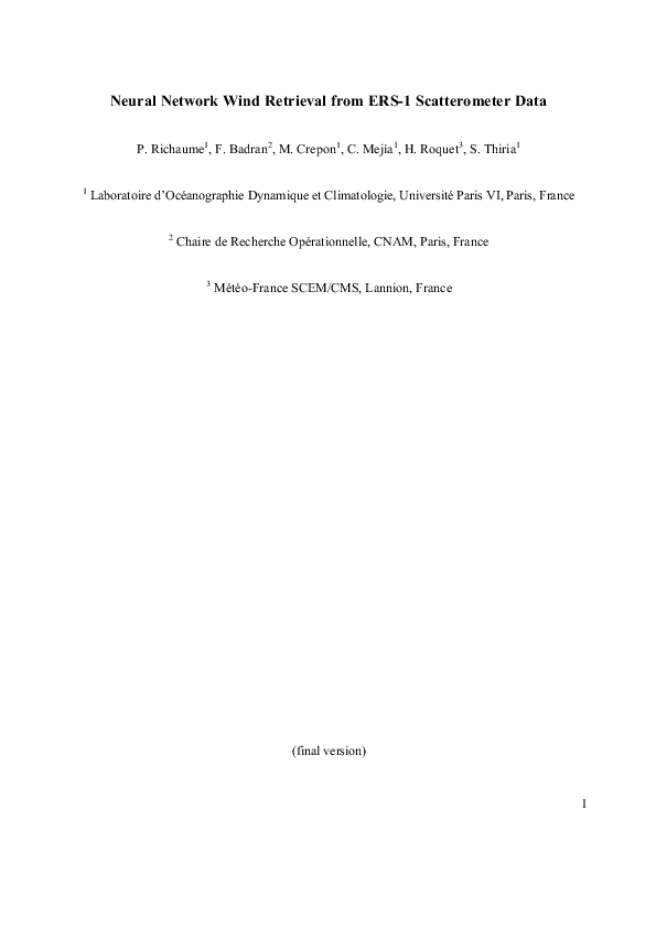 (PDF) Neural network wind retrieval from ERS‐1 scatterometer data