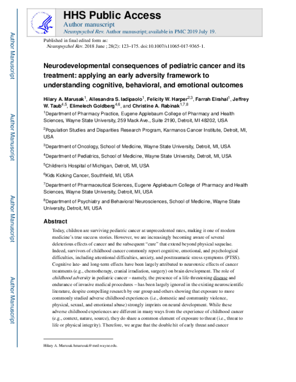 (PDF) Neurodevelopmental consequences of pediatric cancer and its ...