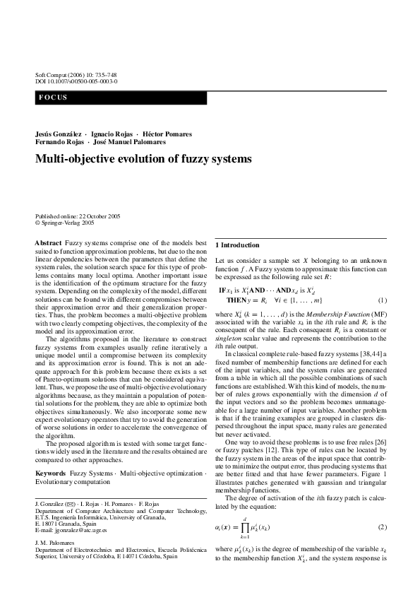 (PDF) Multi-objective evolution of fuzzy systems