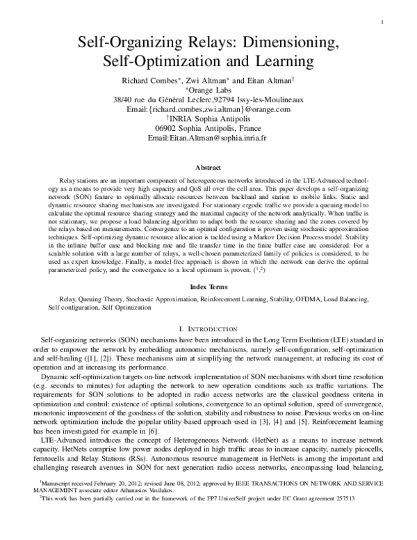 (PDF) Self-Organizing Relays: Dimensioning, Self-Optimization, and Learning