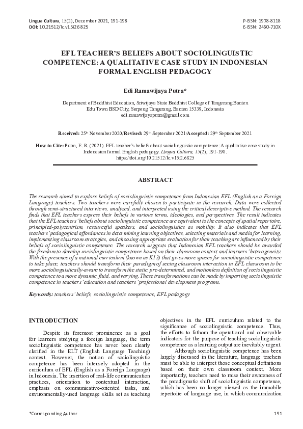 (PDF) EFL TEACHER'S BELIEFS ABOUT SOCIOLINGUISTIC COMPETENCE: A QUALITATIVE CASE STUDY IN ...