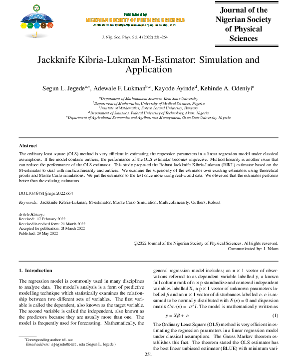 (PDF) Jackknife Kibria-Lukman M-Estimator: Simulation and Application