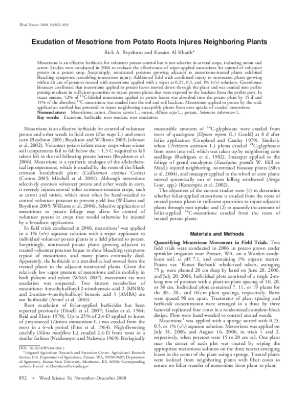 (PDF) Exudation of Mesotrione from Potato Roots Injures Neighboring Plants