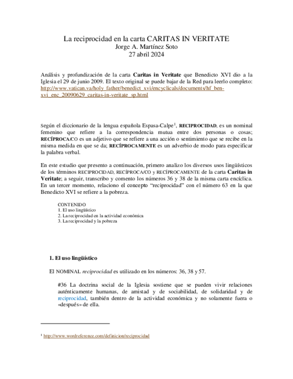 (PDF) La reciprocidad en la carta CARITAS IN VERITATE