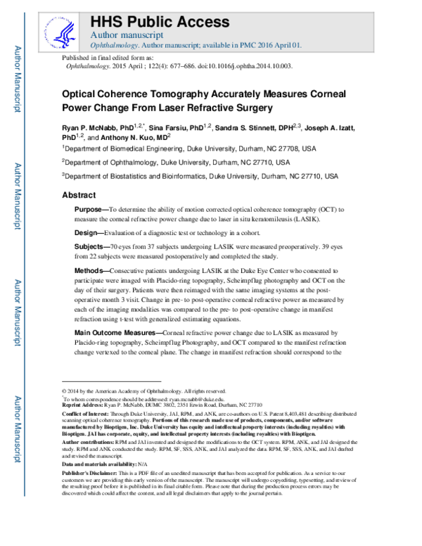 (PDF) Optical Coherence Tomography Accurately Measures Corneal Power ...