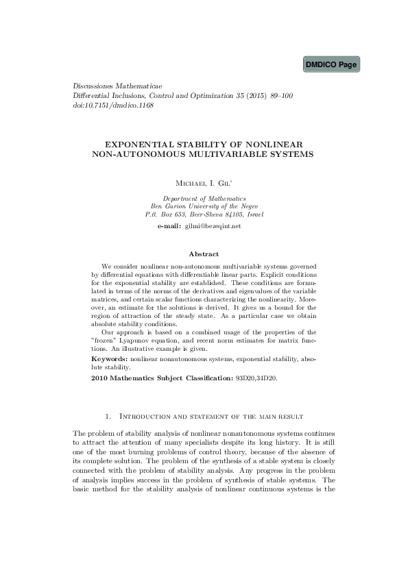 (PDF) Exponential stability of nonlinear non-autonomous multivariable ...