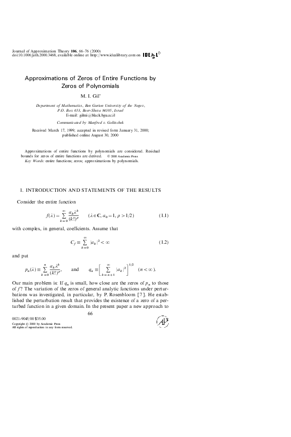 (PDF) Approximations of Zeros of Entire Functions by Zeros of Polynomials | Gil Milman ...