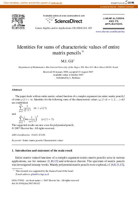 (PDF) Identities for sums of characteristic values of entire matrix pencils