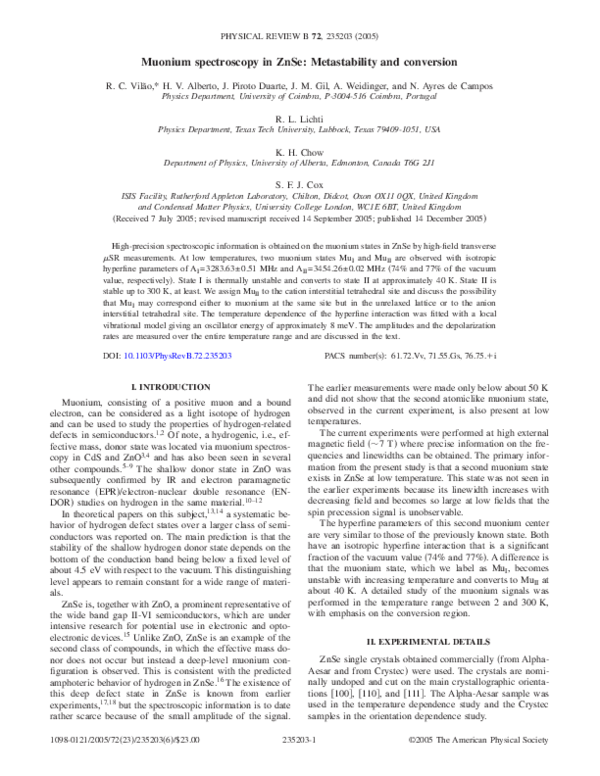 (PDF) Muonium spectroscopy in ZnSe: Metastability and conversion